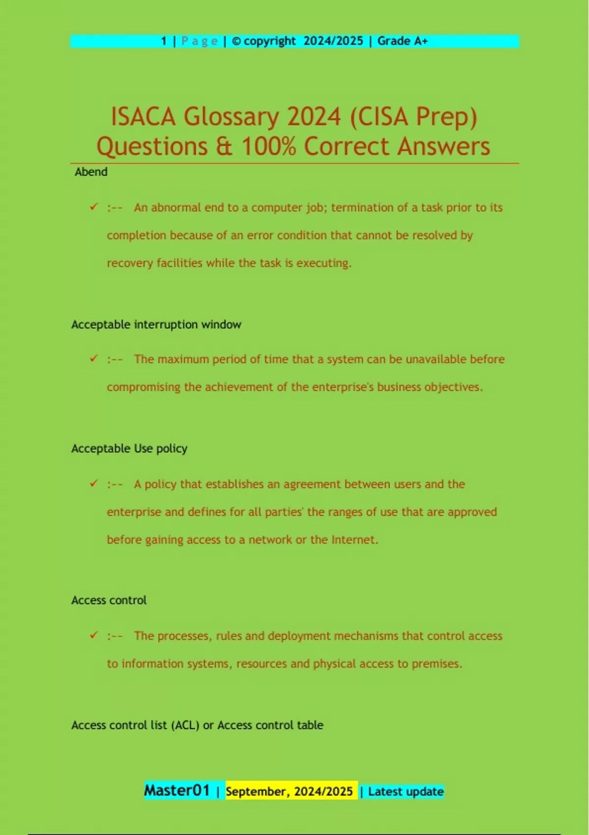 ISACA Glossary 2024 (CISA Prep) Questions & 100% Correct Answers ...