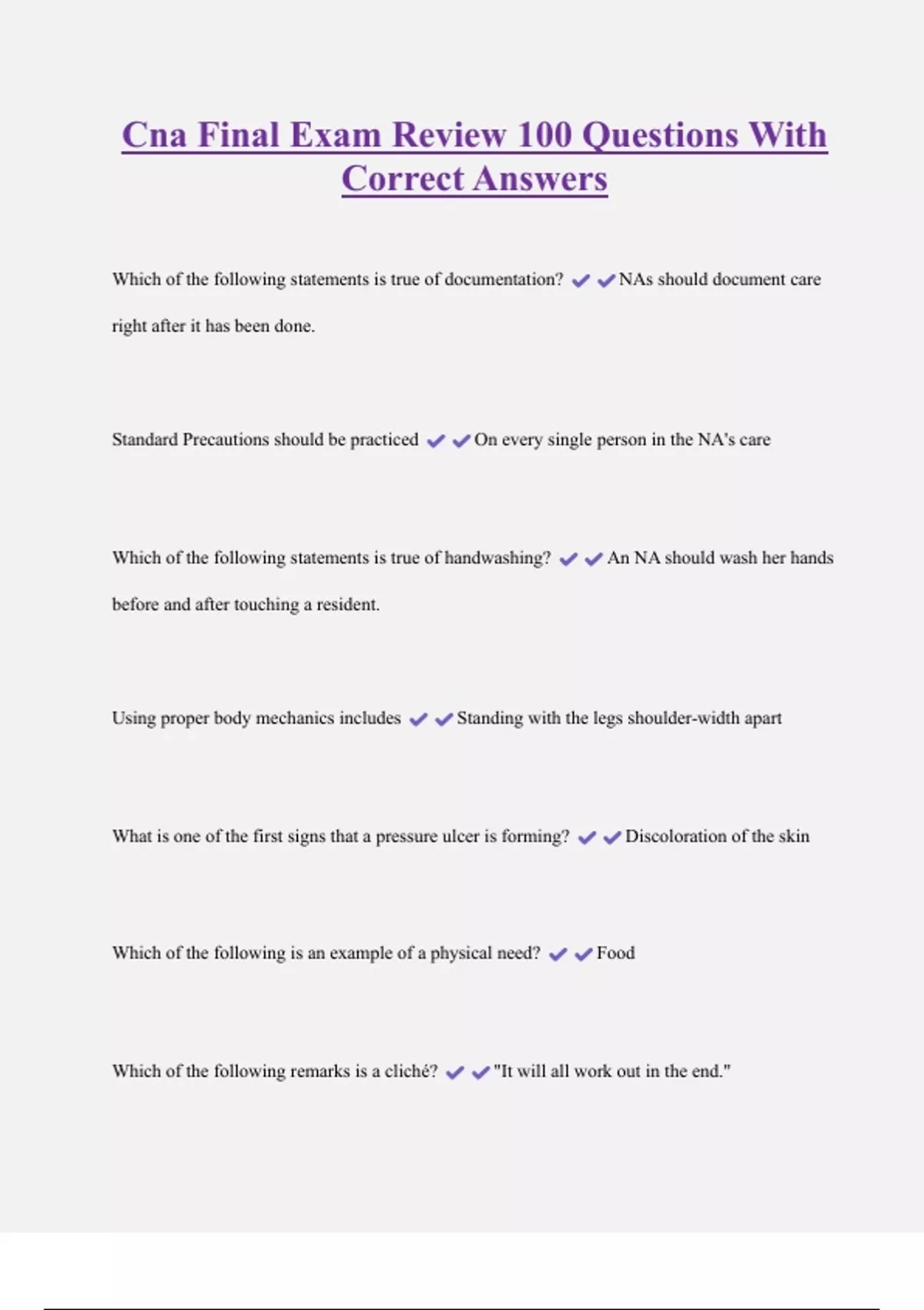 Cna Final Exam Review 100 Questions With Correct Answers - Ivy Tech CNA ...