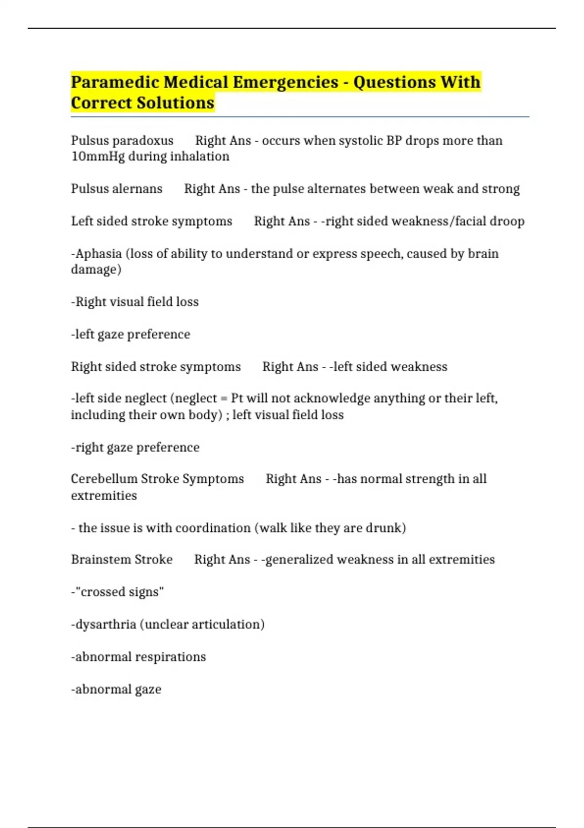 Paramedic Medical Emergencies - Questions With Correct Solutions ...