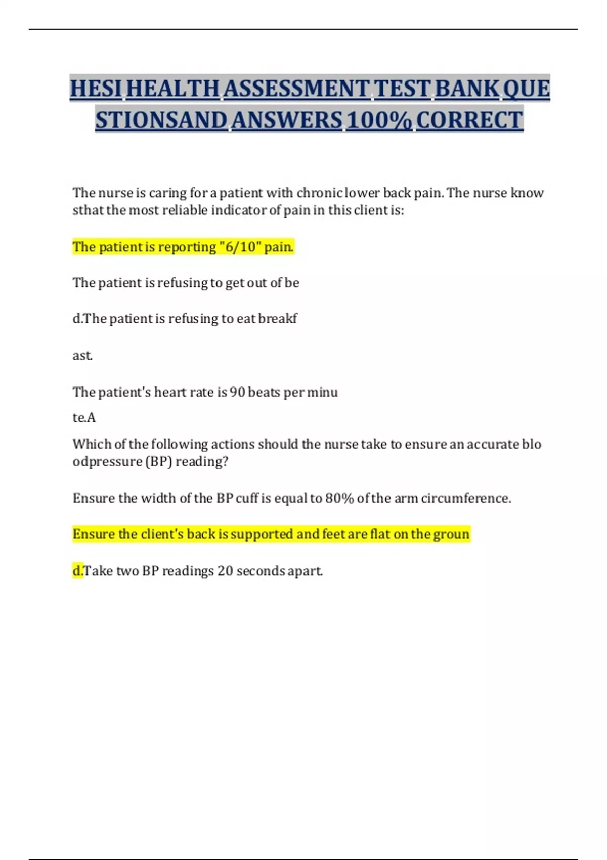 HEALTH ASSESSMENT TEST LATEST ACTUAL TEST REAL QUESTIONS AND CORRECT ...