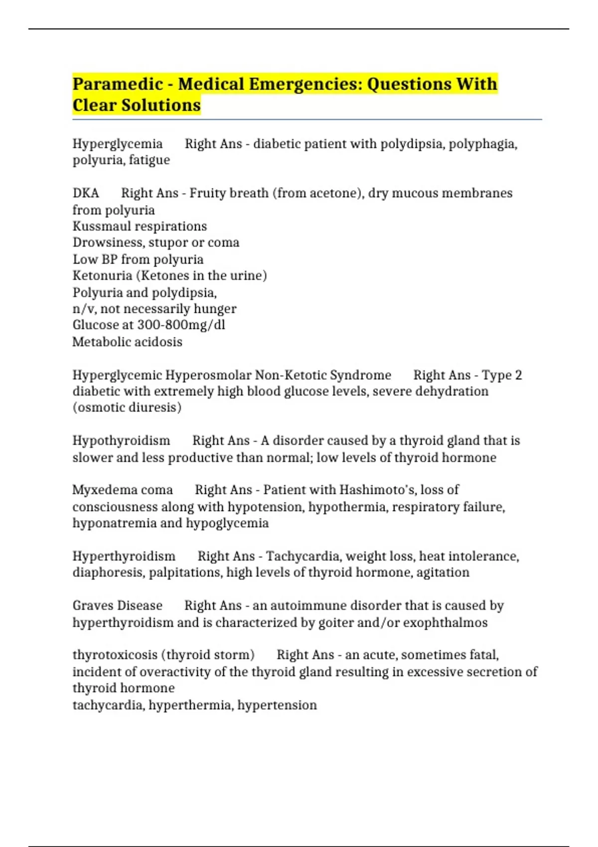 Paramedic - Medical Emergencies: Questions With Clear Solutions ...