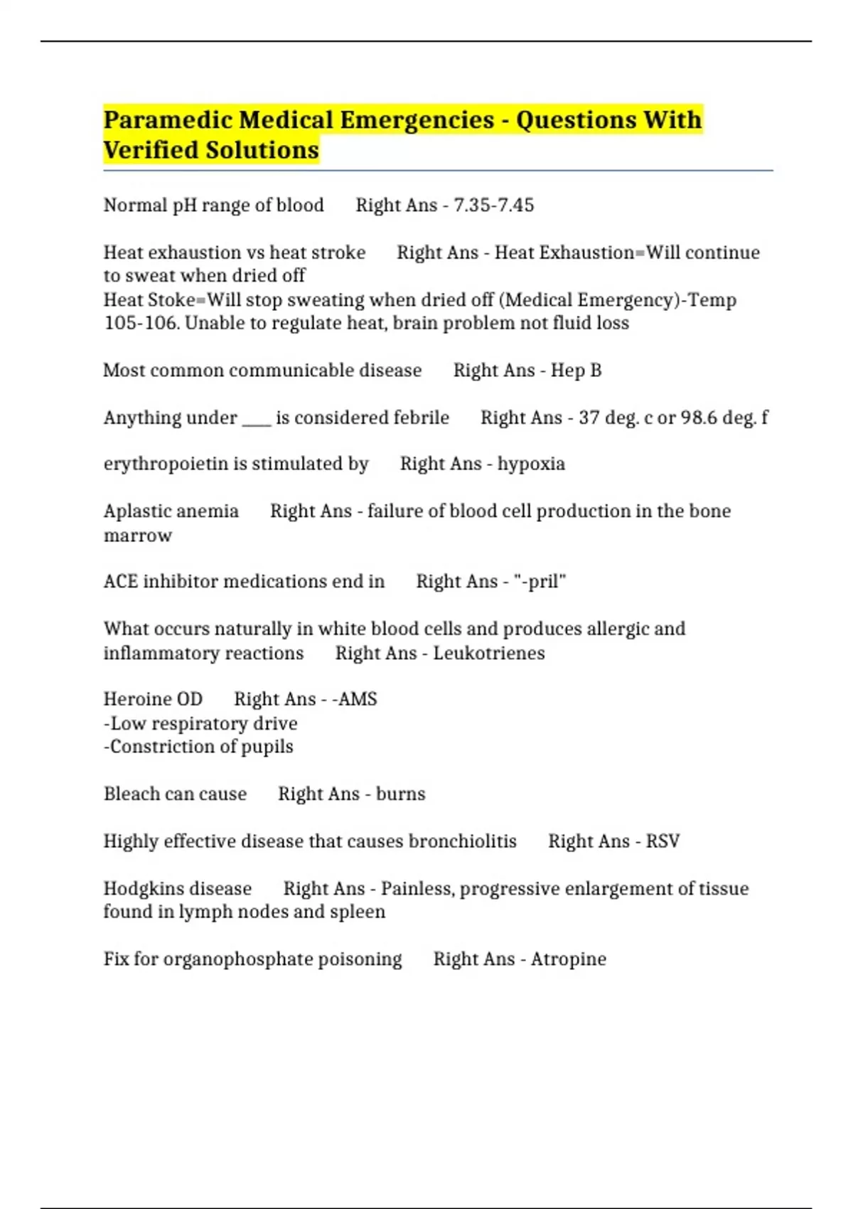 Paramedic Medical Emergencies - Questions With Verified Solutions ...