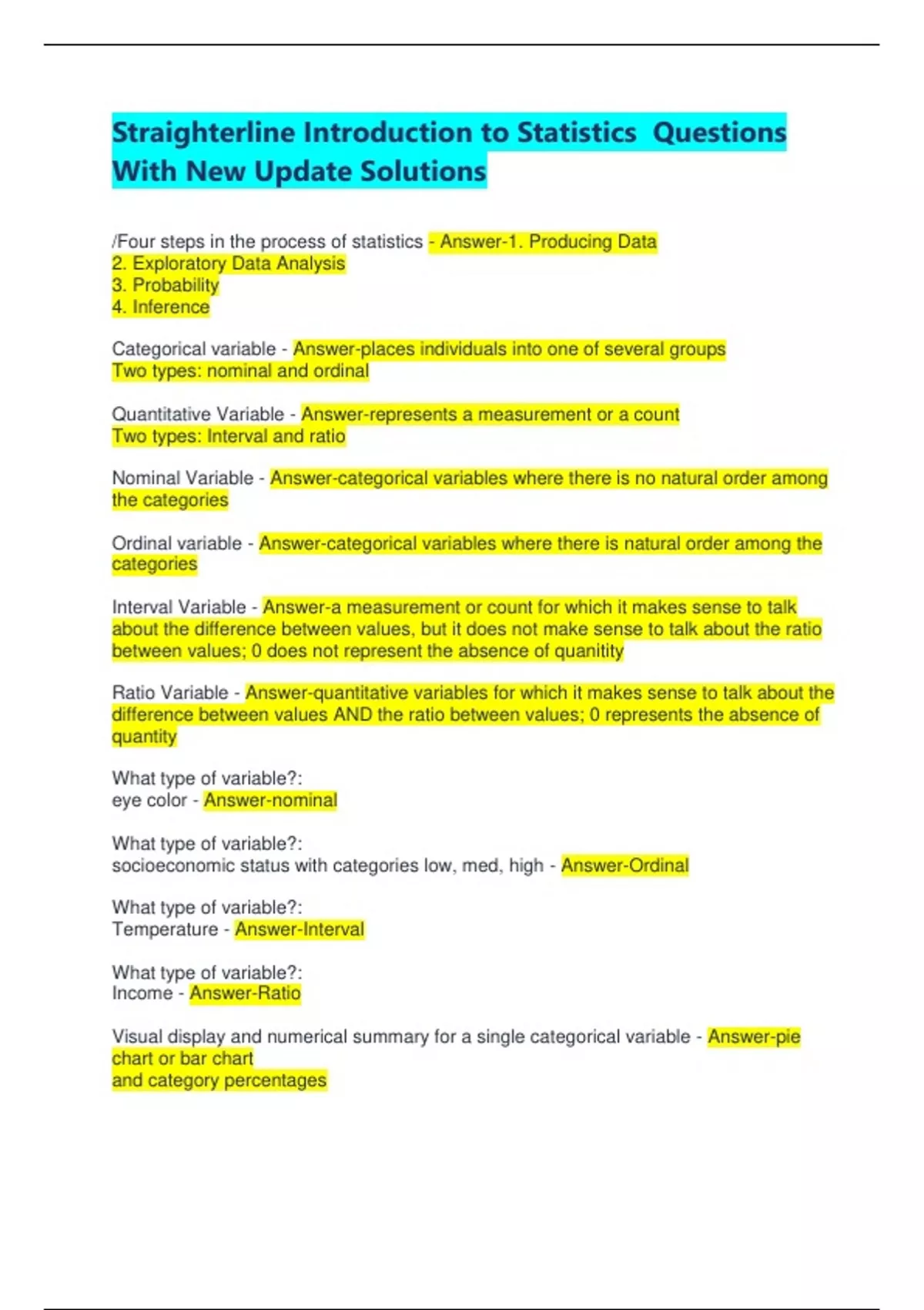 Straighterline Introduction to Statistics Questions With New Update ...