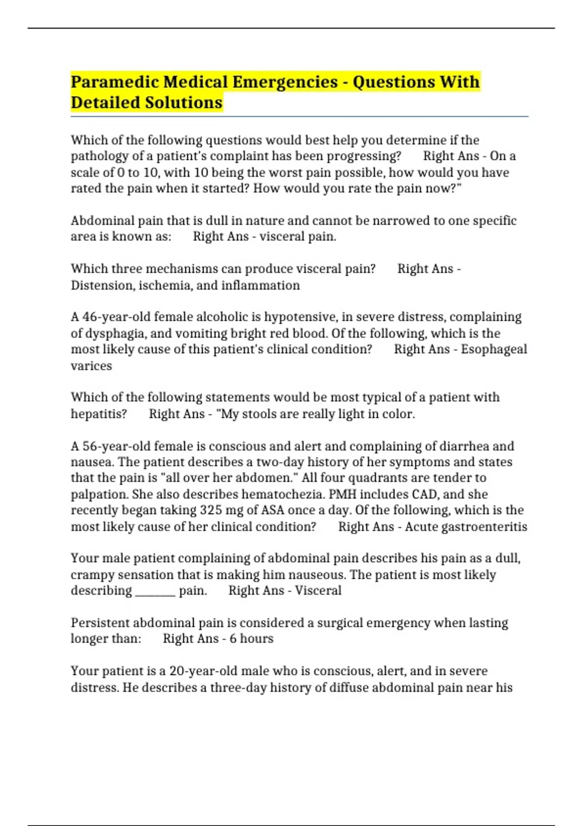 Paramedic Medical Emergencies - Questions With Detailed Solutions ...