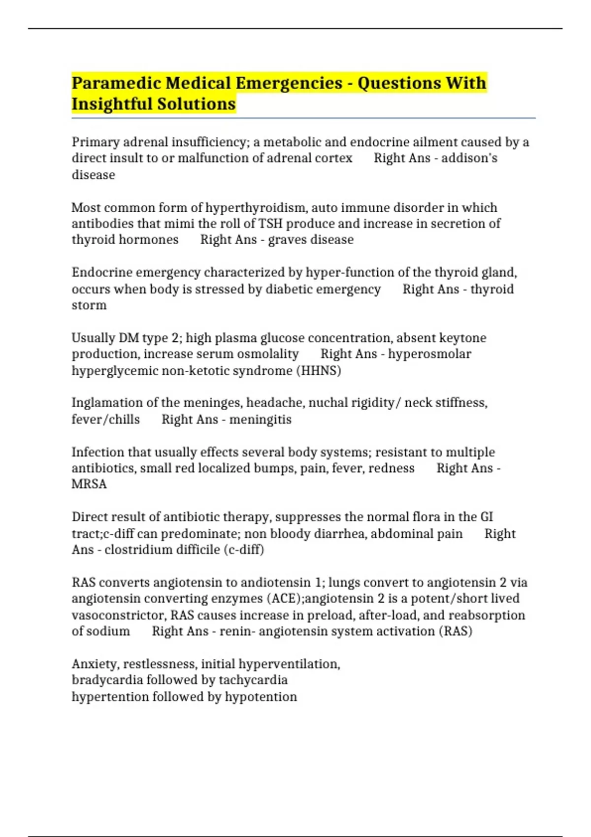 Paramedic Medical Emergencies - Questions With Insightful Solutions ...