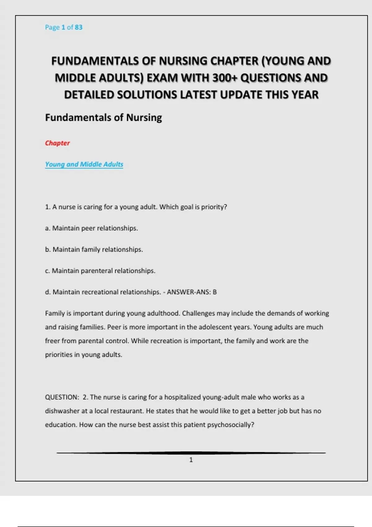 FUNDAMENTALS OF NURSING CHAPTER (YOUNG AND MIDDLE ADULTS) EXAM WITH 300 ...