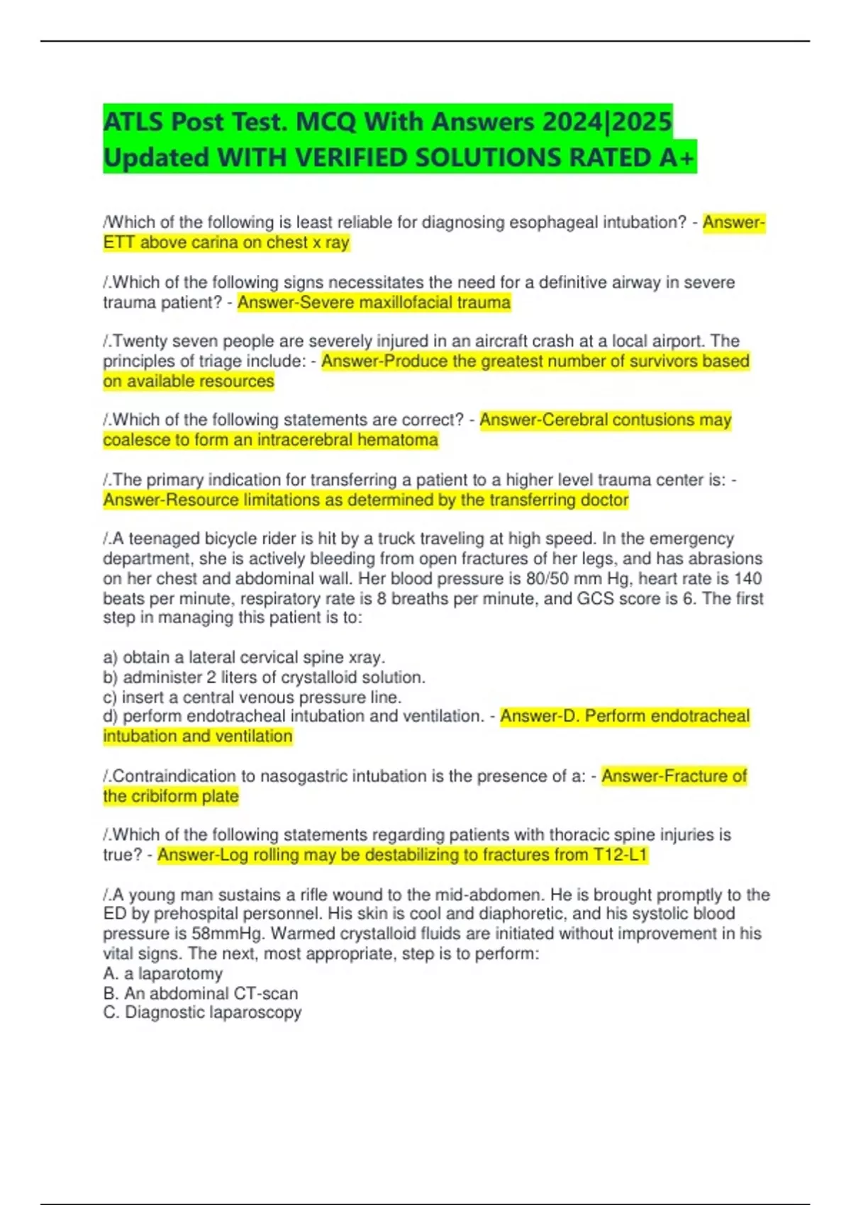 ATLS Post Test. MCQ With Answers 2024|2025 Updated WITH VERIFIED ...