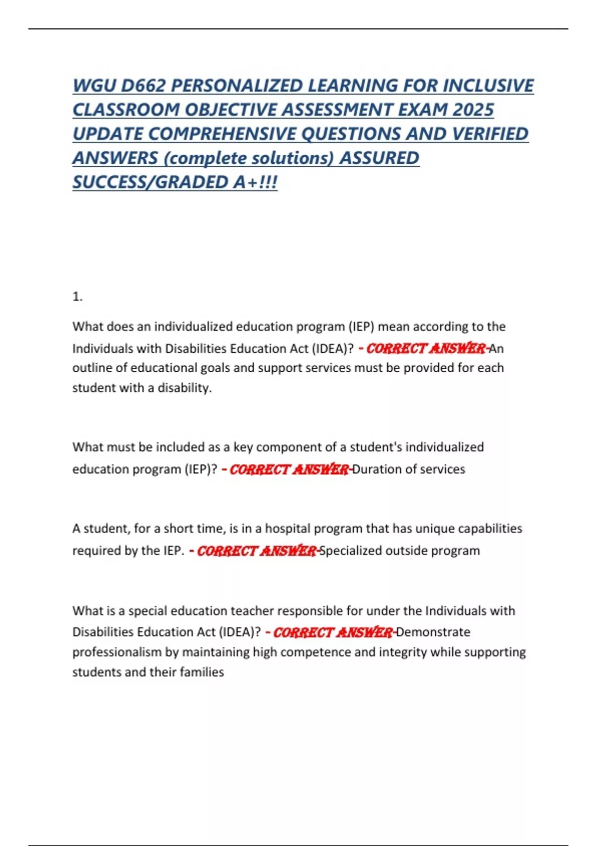 WGU D662 PERSONALIZED LEARNING FOR INCLUSIVE CLASSROOM OBJECTIVE ...