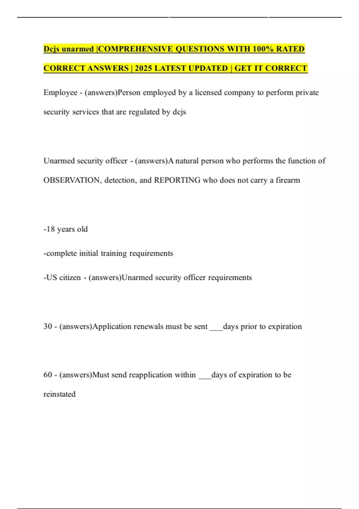 Dcjs unarmed |COMPREHENSIVE QUESTIONS WITH 100% RATED CORRECT ANSWERS ...
