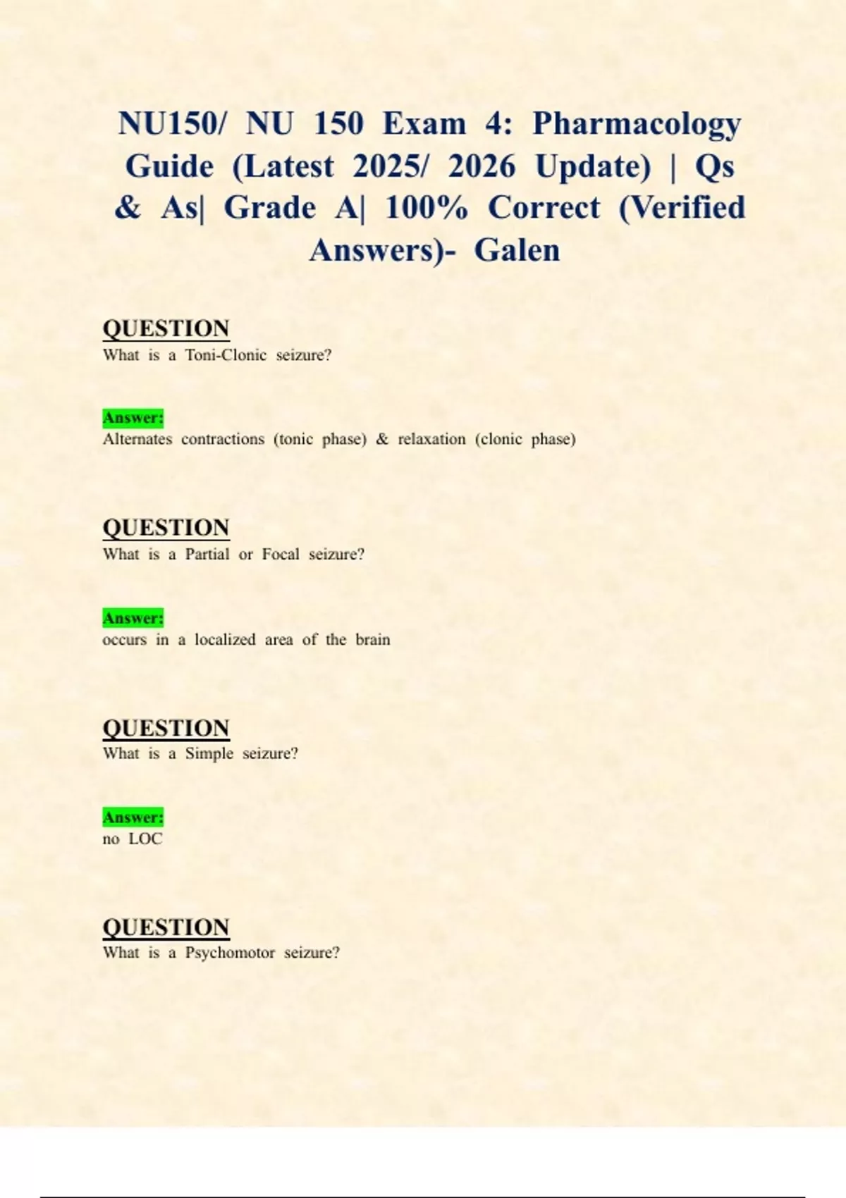 NU150/ NU 150 Exam 4: Pharmacology Guide (Latest 2025/ 2026 Update ...