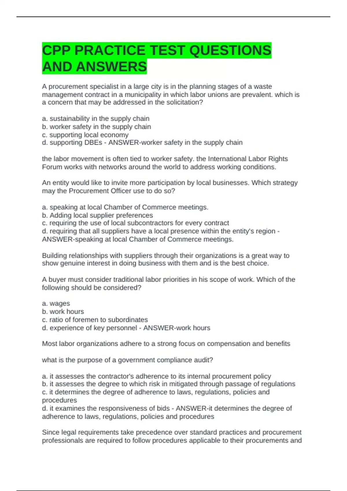 CPP PRACTICE TEST QUESTIONS AND ANSWERS - CPPB - Stuvia US