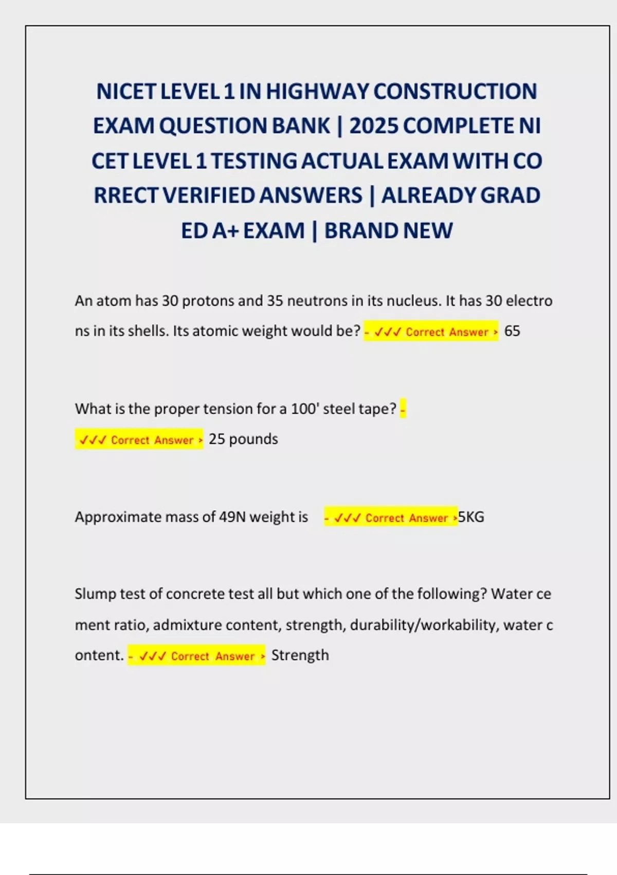 NICET LEVEL 1IN HIGHWAY CONSTRUCTION TEST 2 QUESTIONS LATEST 2025 ...