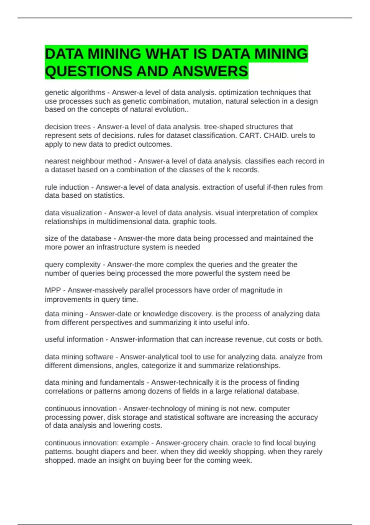 DATA MINING WHAT IS DATA MINING QUESTIONS AND ANSWERS - DATA MINING - Stuvia US