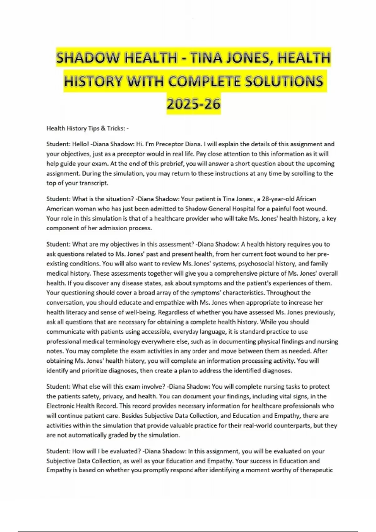 SHADOW HEALTH - TINA JONES, HEALTH HISTORY WITH COMPLETE SOLUTIONS 2025 ...