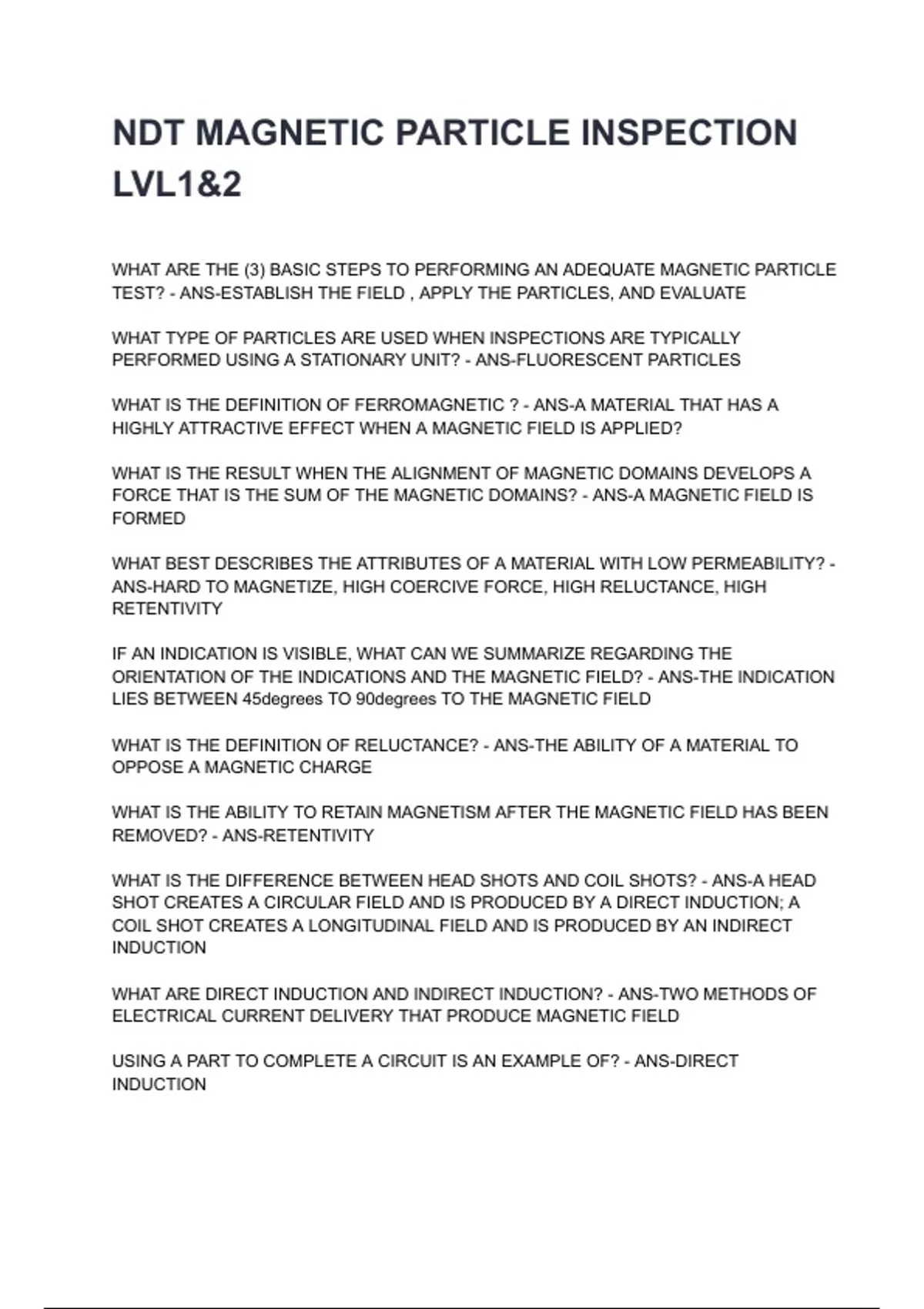 NDT MAGNETIC PARTICLE INSPECTION LVL1&2 QUESTIONS AND ANSWERS GRADED A+ ...