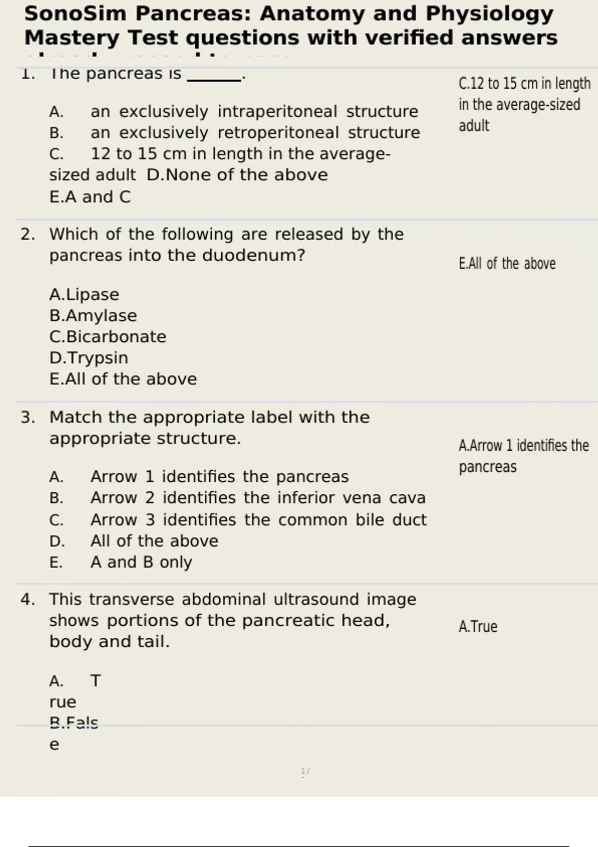 SonoSim Pancreas: Anatomy and Physiology Mastery Test questions with ...