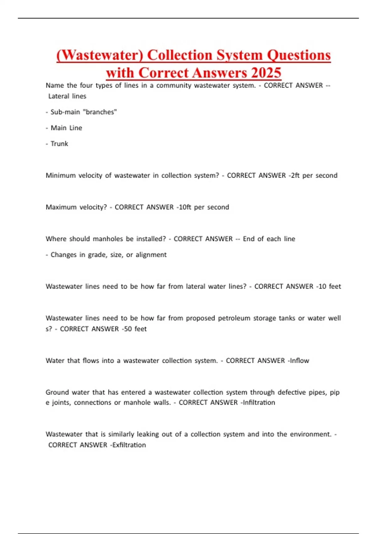 (Wastewater) Collection System Questions with Correct Answers 2025 ...