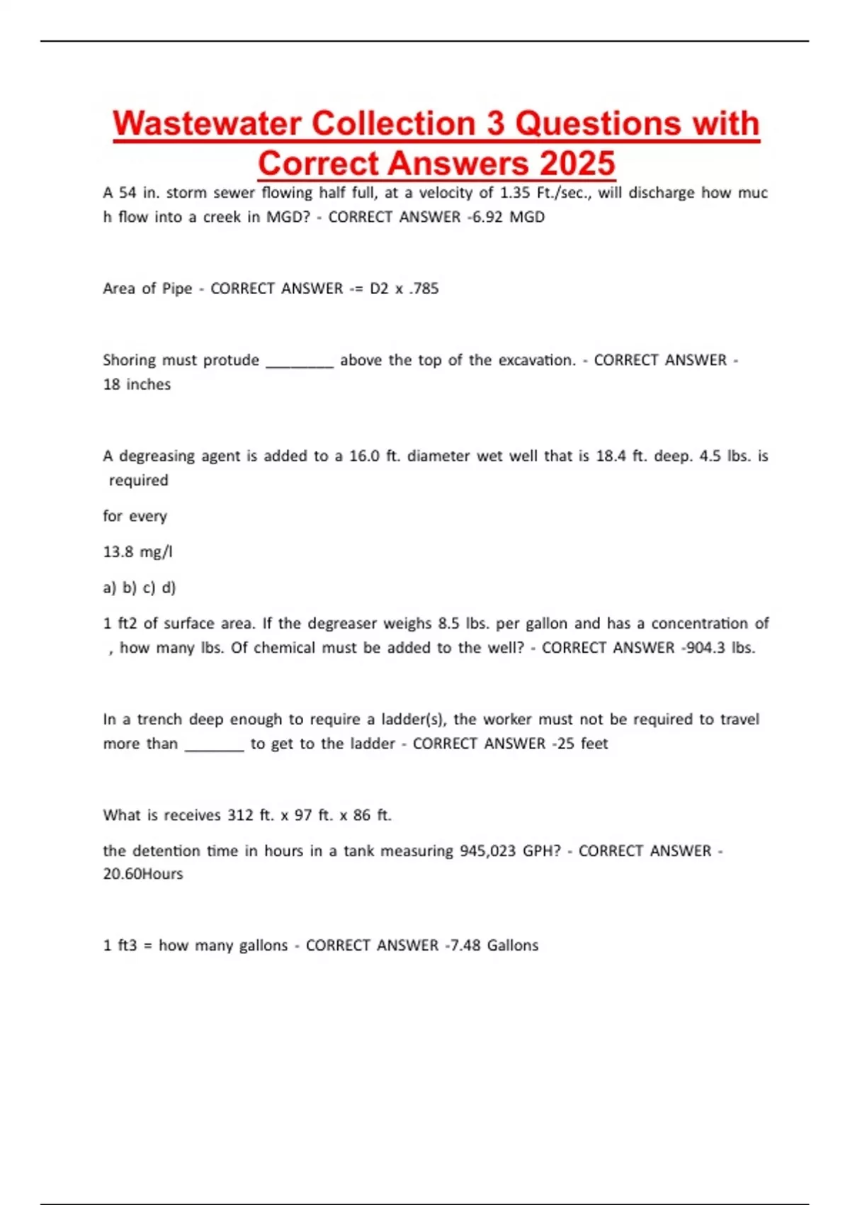 Wastewater Collection 3 Questions with Correct Answers 2025 ...