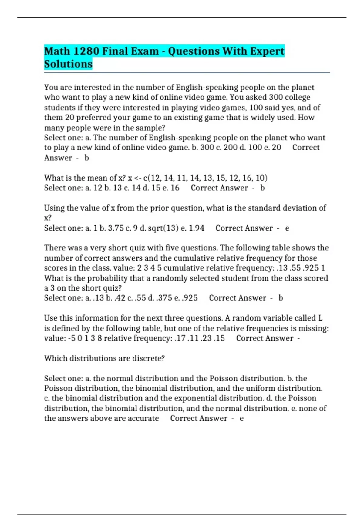 Math 1280 Final Exam - Questions With Expert Solutions - MATH 1280 ...