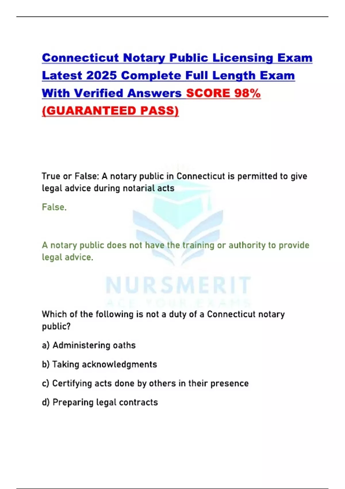 Connecticut Notary Public Licensing Exam Latest 2025 Complete Full ...