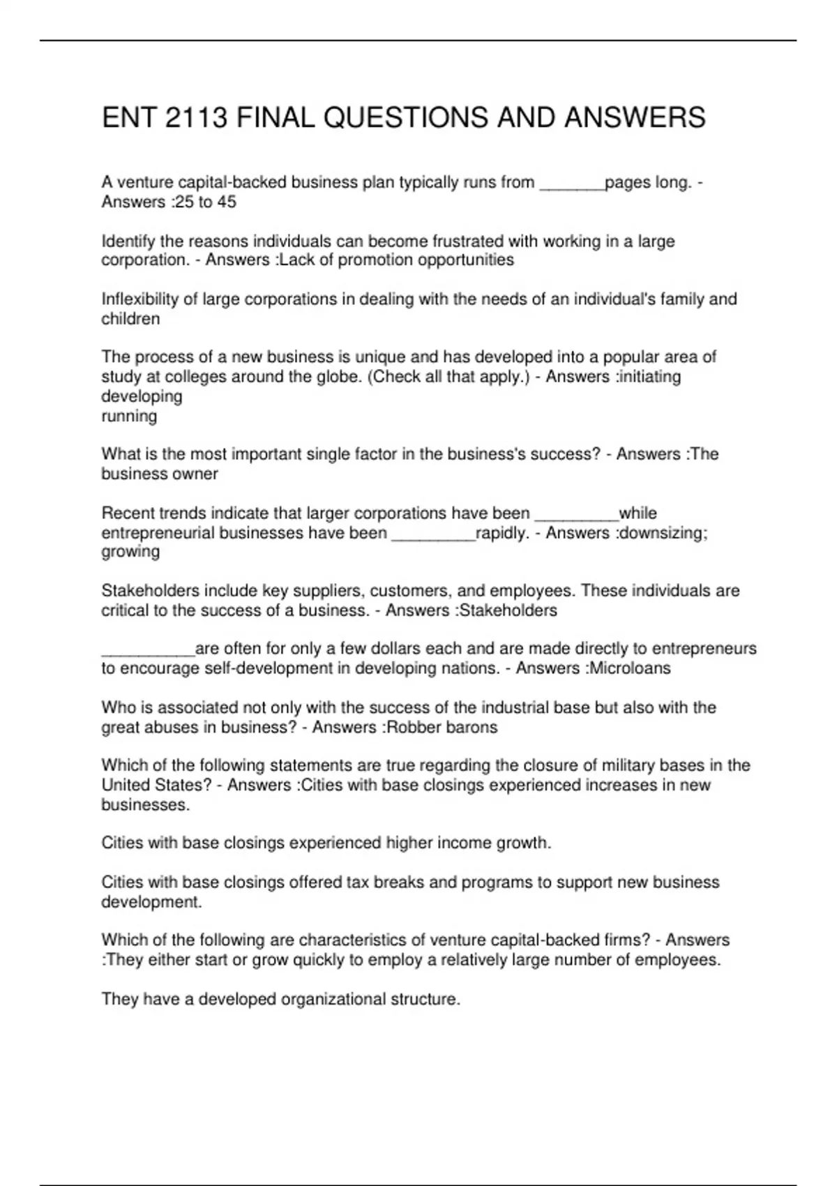 ENT 2113 FINAL QUESTIONS AND ANSWERS - ENT 2113 - Stuvia US