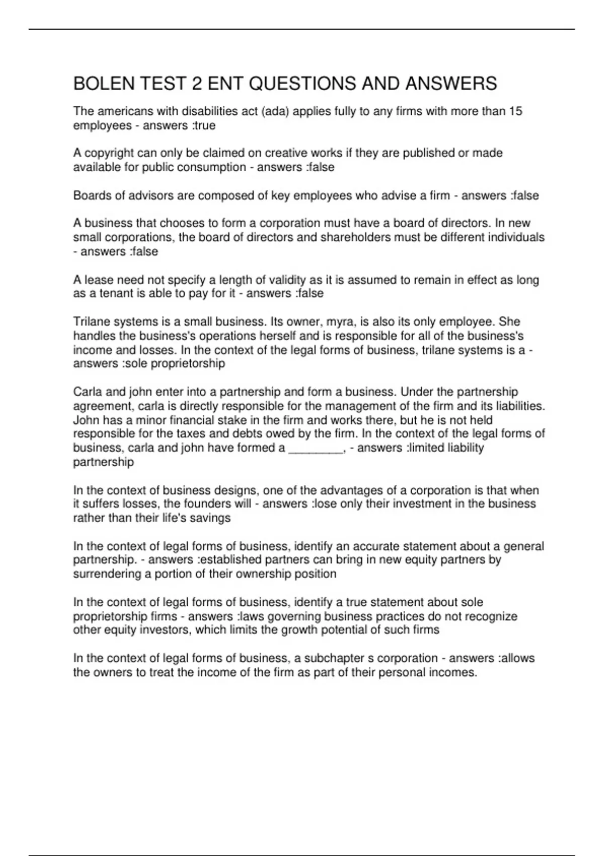 BOLEN TEST 2 ENT QUESTIONS AND ANSWERS - BOLEN ENT - Stuvia US