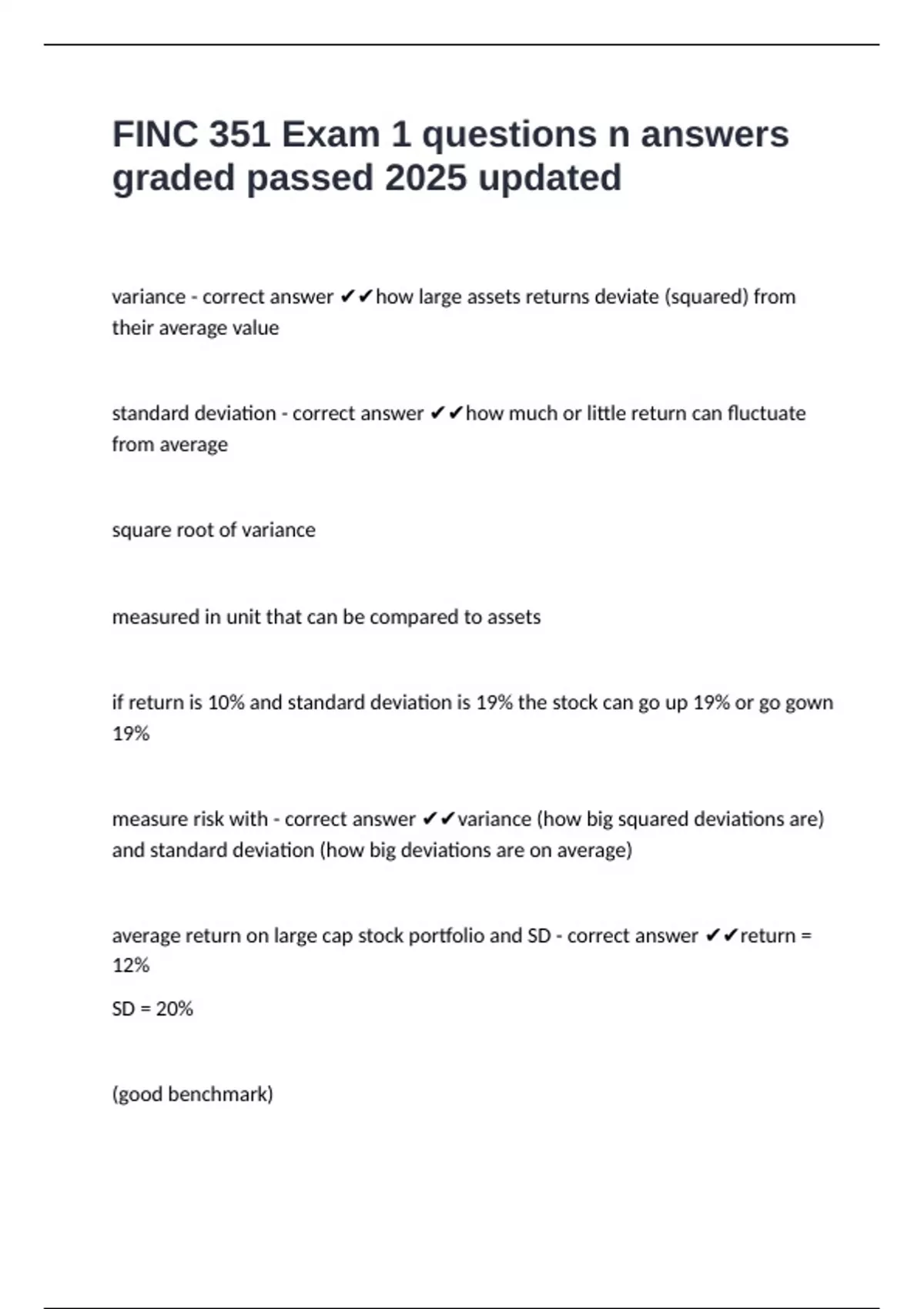 FINC 351 Exam 1 questions n answers graded passed 2025 updated - FINC 351 - Stuvia US