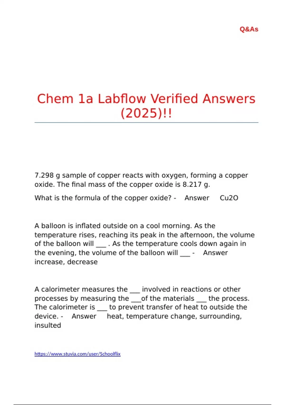 Chem 1a Labflow Verified Answers (2025)!! - CHEM 1A - Stuvia US