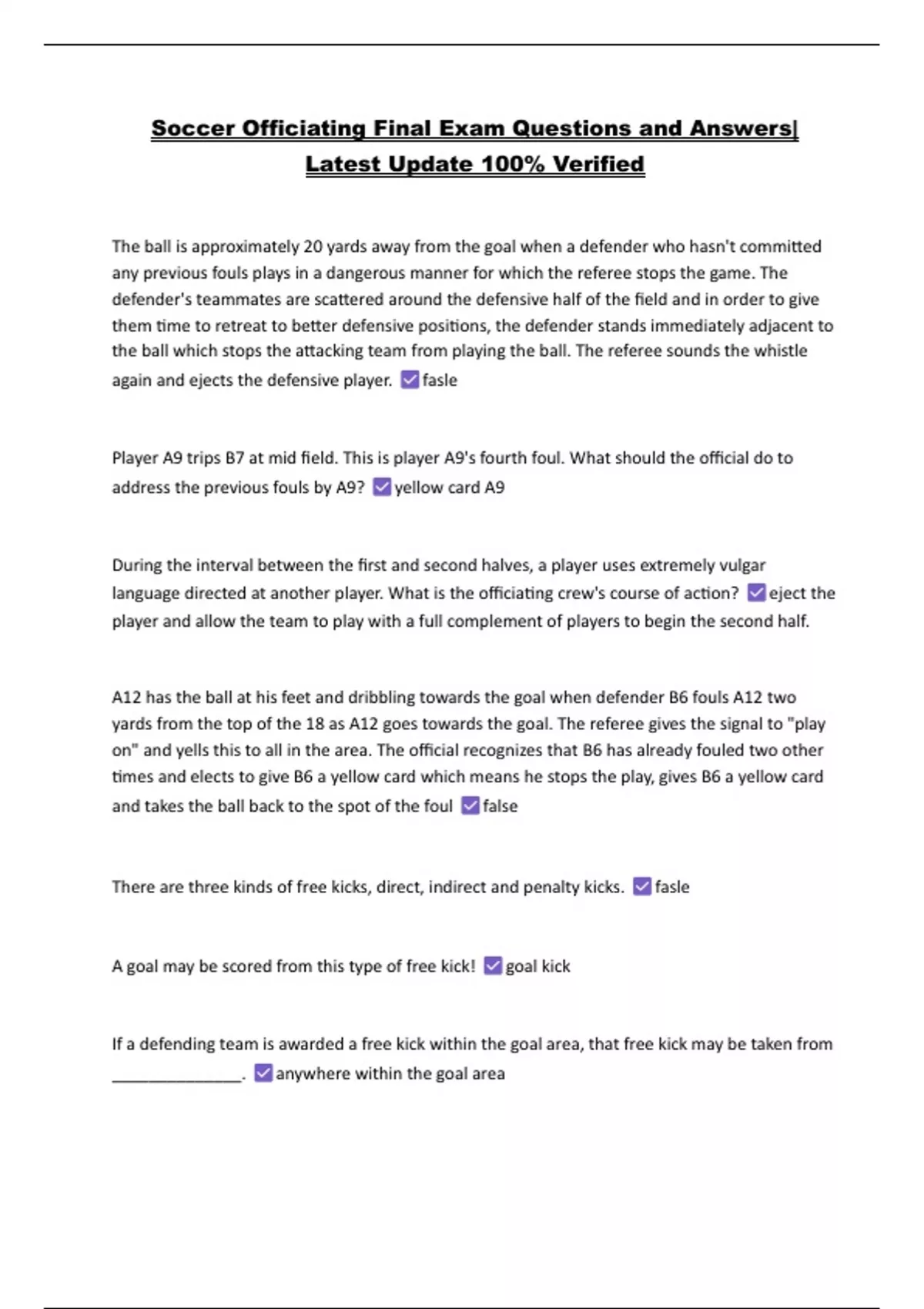 Soccer Officiating Final Exam Questions and Answers| Latest Update 100% ...