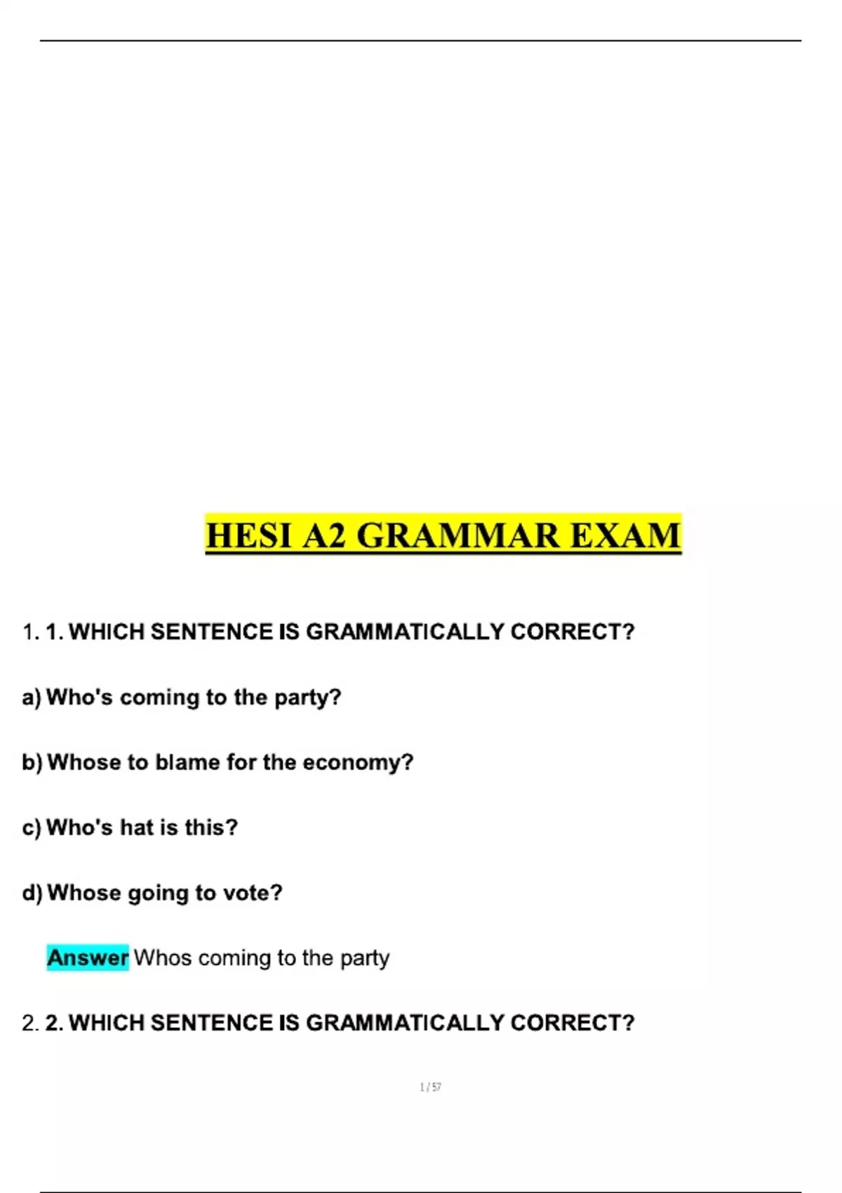Hesi A2 Grammar Exam Questions and Answers - Hesi - Stuvia US