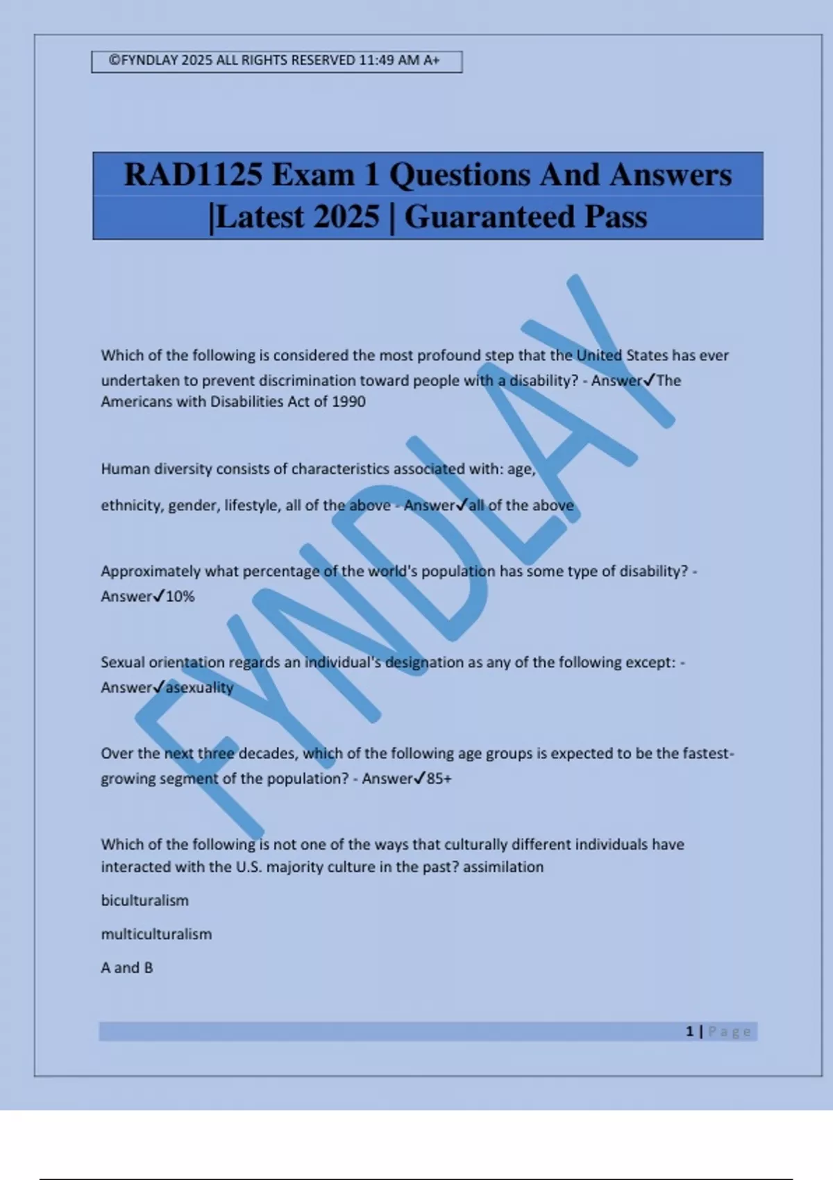 RAD1125 Exam 1 Questions And Answers |Latest 2025 | Guaranteed Pass ...
