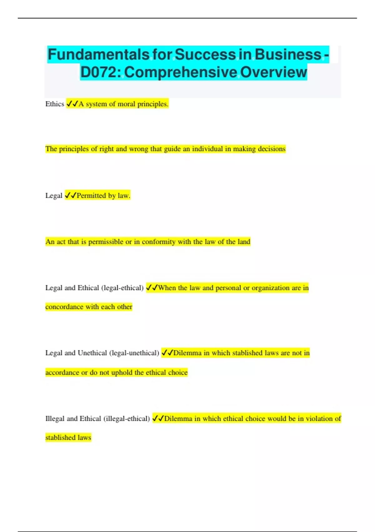 WGU D072 EXAM FUNDAMENTALS FOR SUCCESS IN BUSINESS D702 ACTUAL EXAM ...