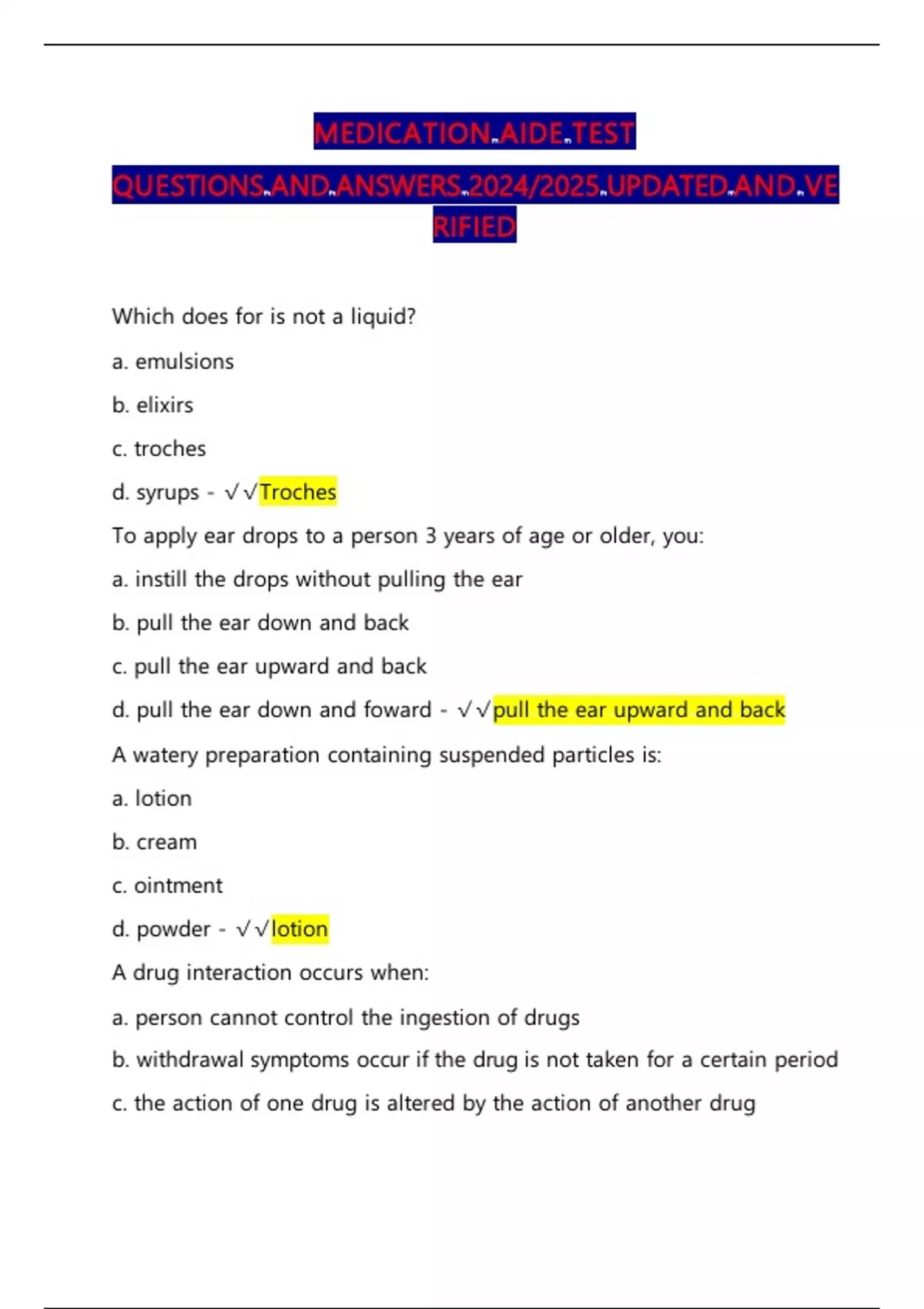 TEXAS MEDICATION AIDE NEWEST 2025 ACTUAL EXAM COMPLETE 300 QUESTIONS ...