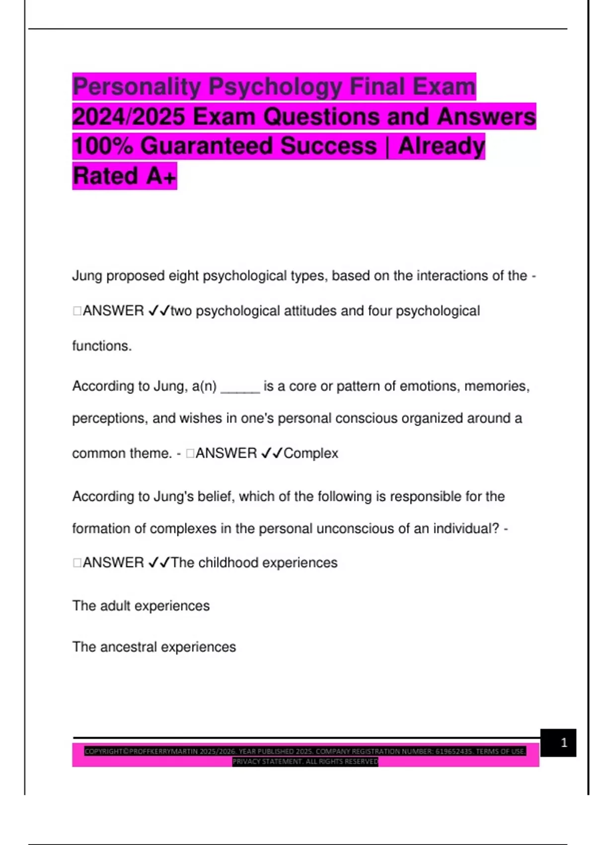 Personality Psychology Final Exam 2024/2025 Exam Questions and Answers ...