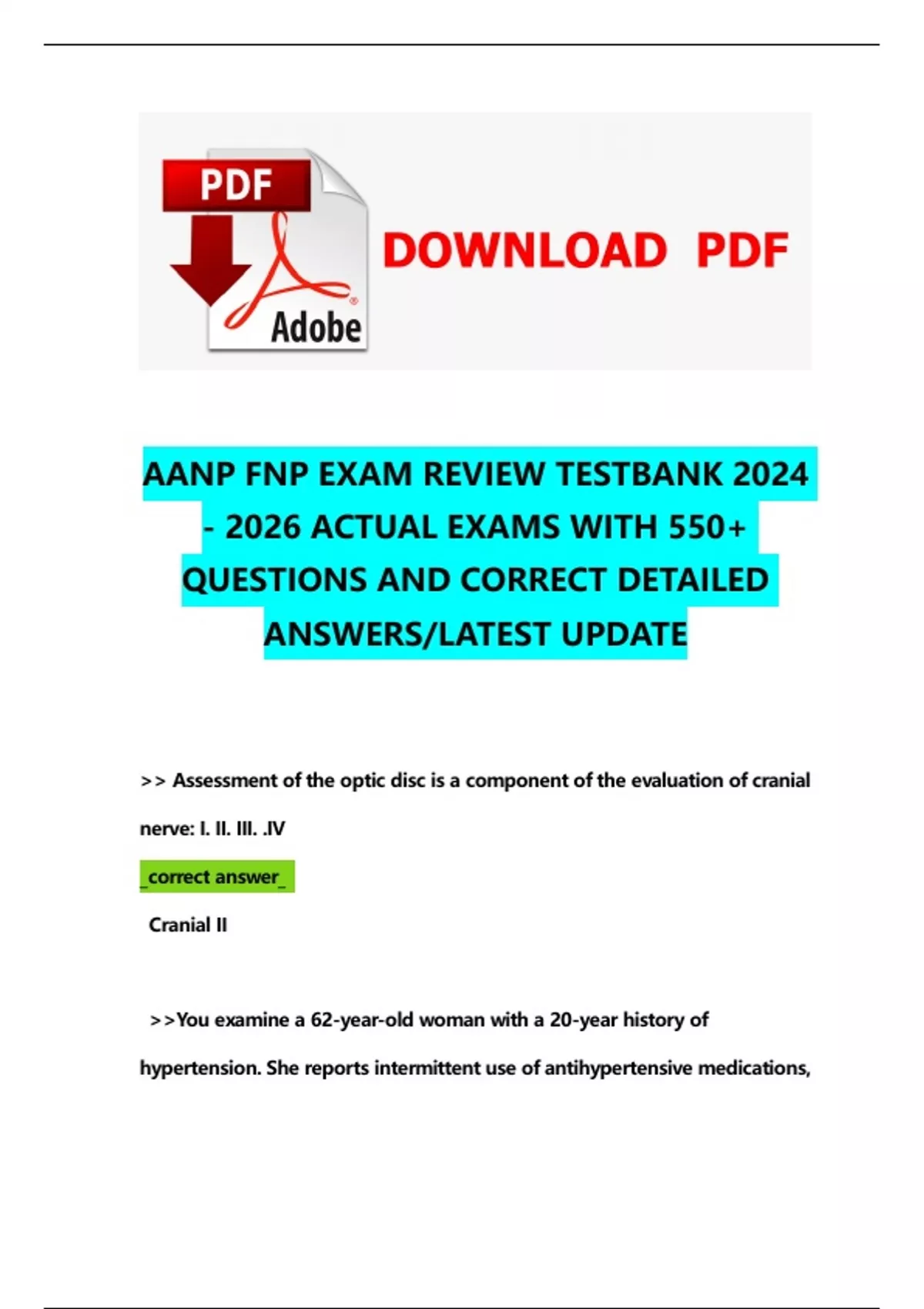 AANP FNP EXAM REVIEW TEST BANK ACTUAL EXAMS WITH 550+QUESTIONS AND ...