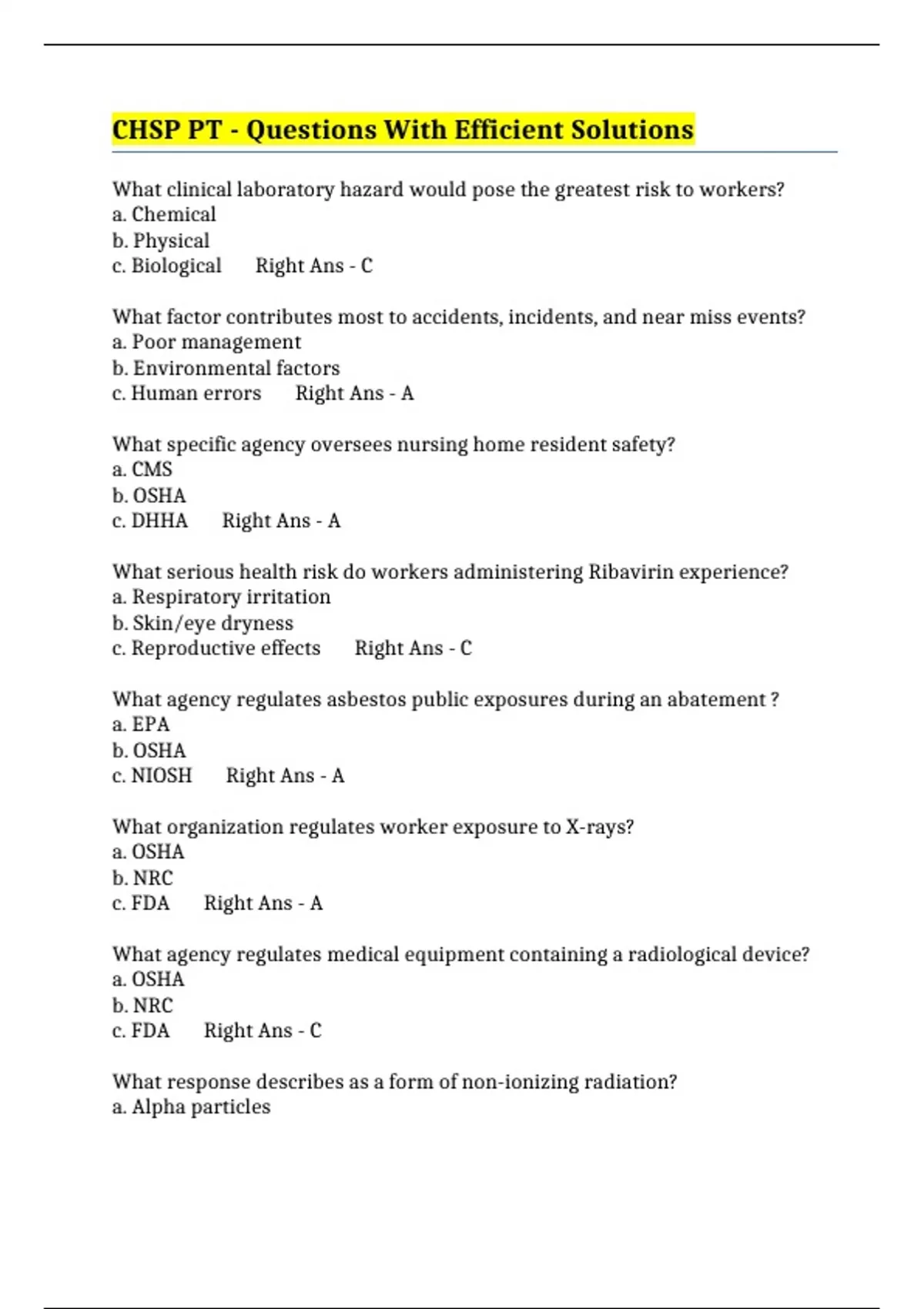 CHSP PT - Questions With Efficient Solutions - CHSP - Stuvia US