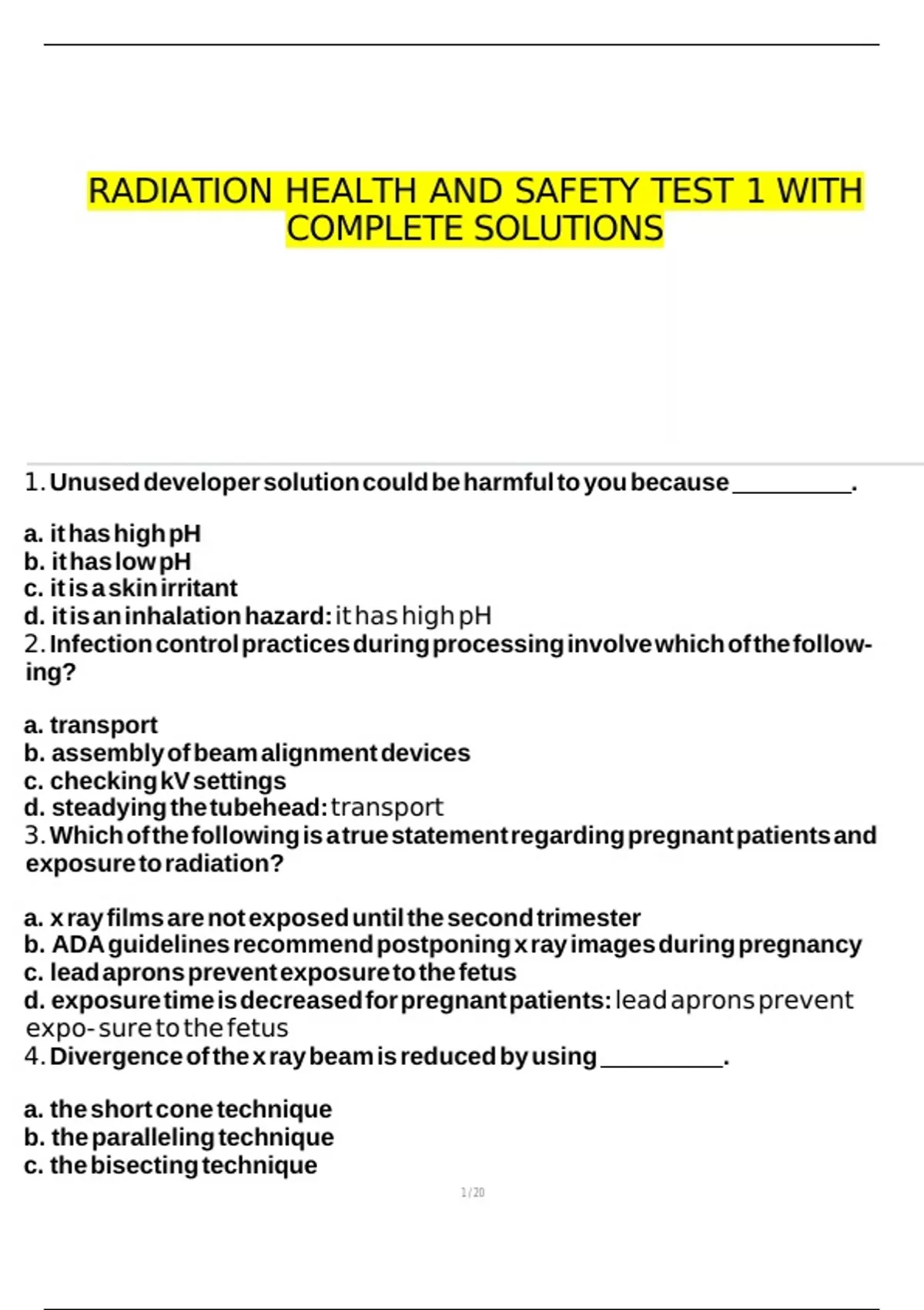 RADIATION HEALTH AND SAFETY TEST 1 WITH COMPLETE SOLUTIONS - Radiation ...