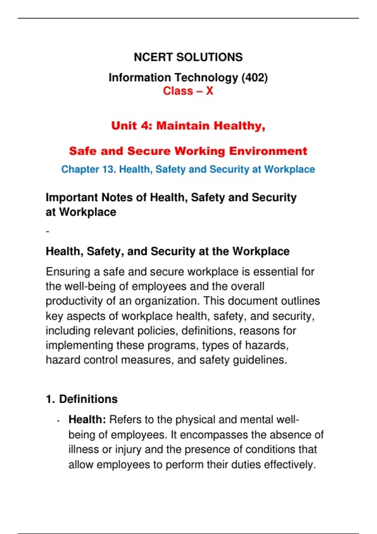 Safety and Security summary cheat sheet NCERT Class 10 IT code 402 ...