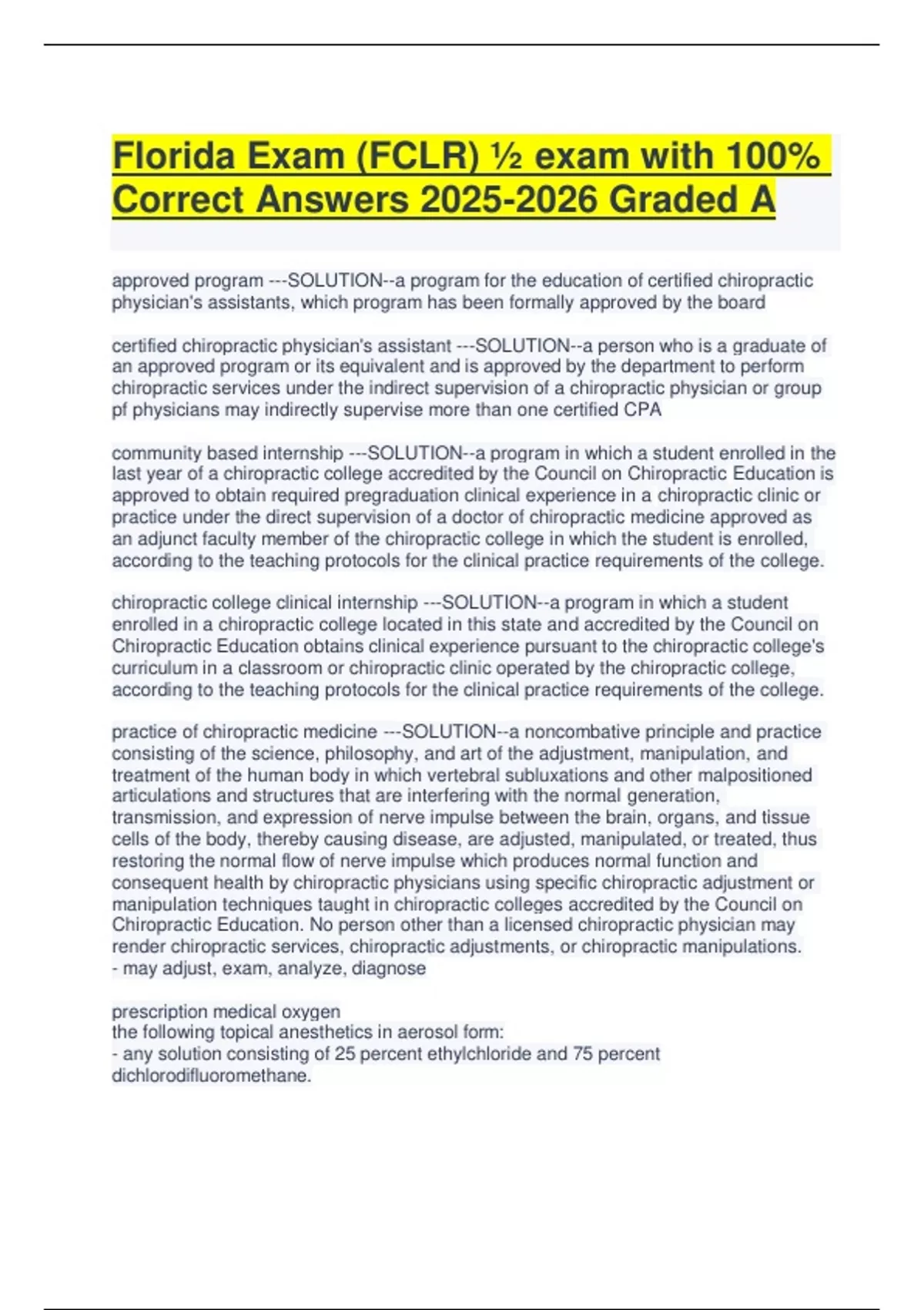 Florida Exam (FCLR) ½ exam with 100% Correct Answers Graded A - Florida ...