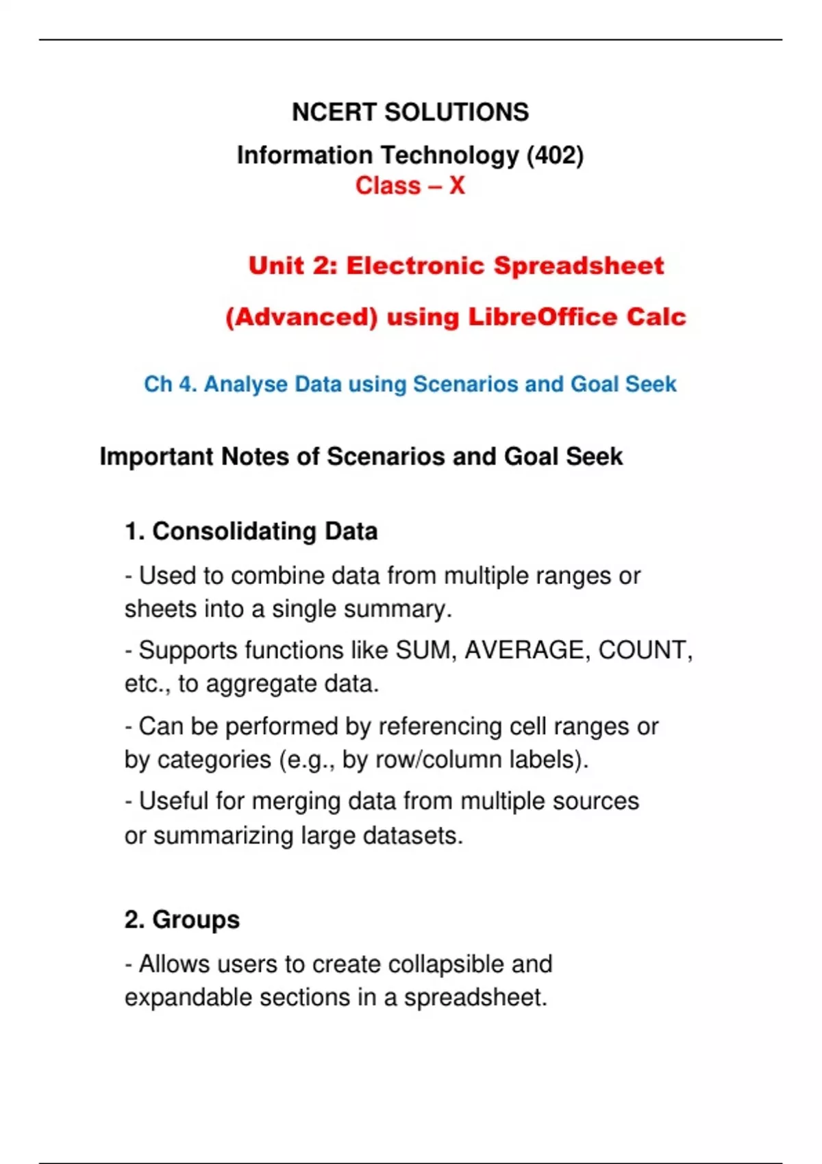 Electronic Spreadsheet summary cheat sheet NCERT Class 10 IT code 402. - Information Technology ...