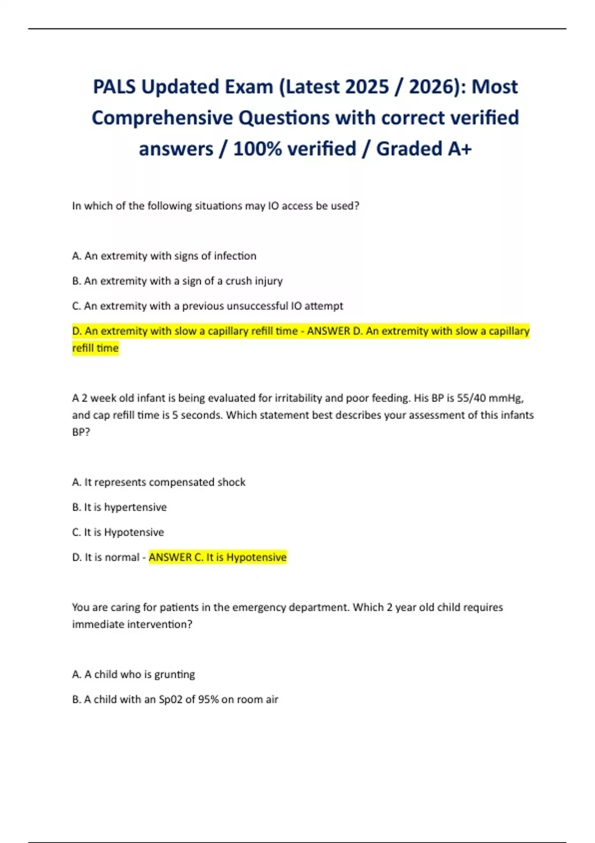 PALS Updated Exam (Latest 2025 / 2026): Most Comprehensive Questions ...