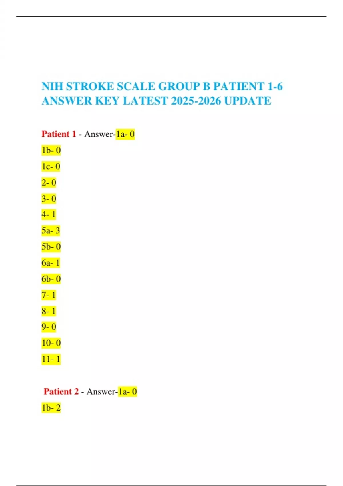 NIH STROKE SCALE GROUP B PATIENT 1-6 ANSWER KEY LATEST UPDATE - NIH ...
