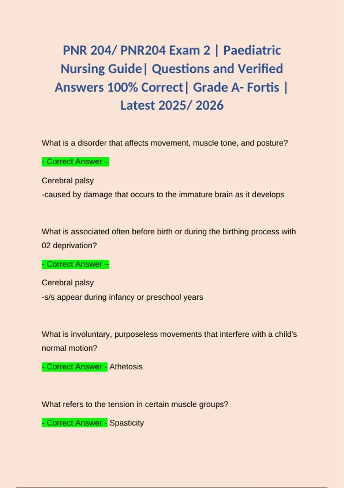 PNR 204/ PNR204 Exam 2 | Paediatric Nursing Guide| Questions and ...
