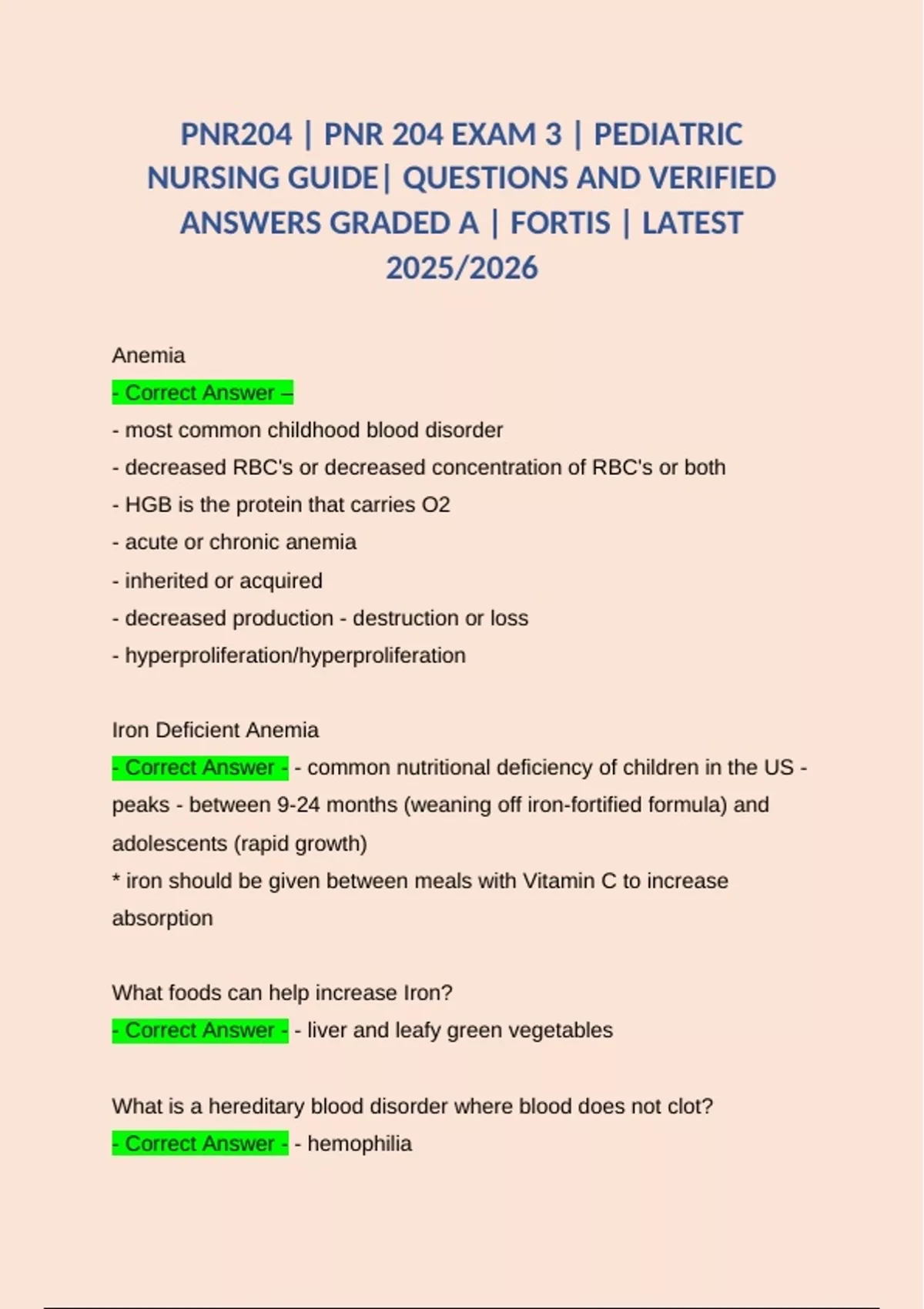 PNR204 | PNR 204 EXAM 3 | PEDIATRIC NURSING GUIDE| QUESTIONS AND ...