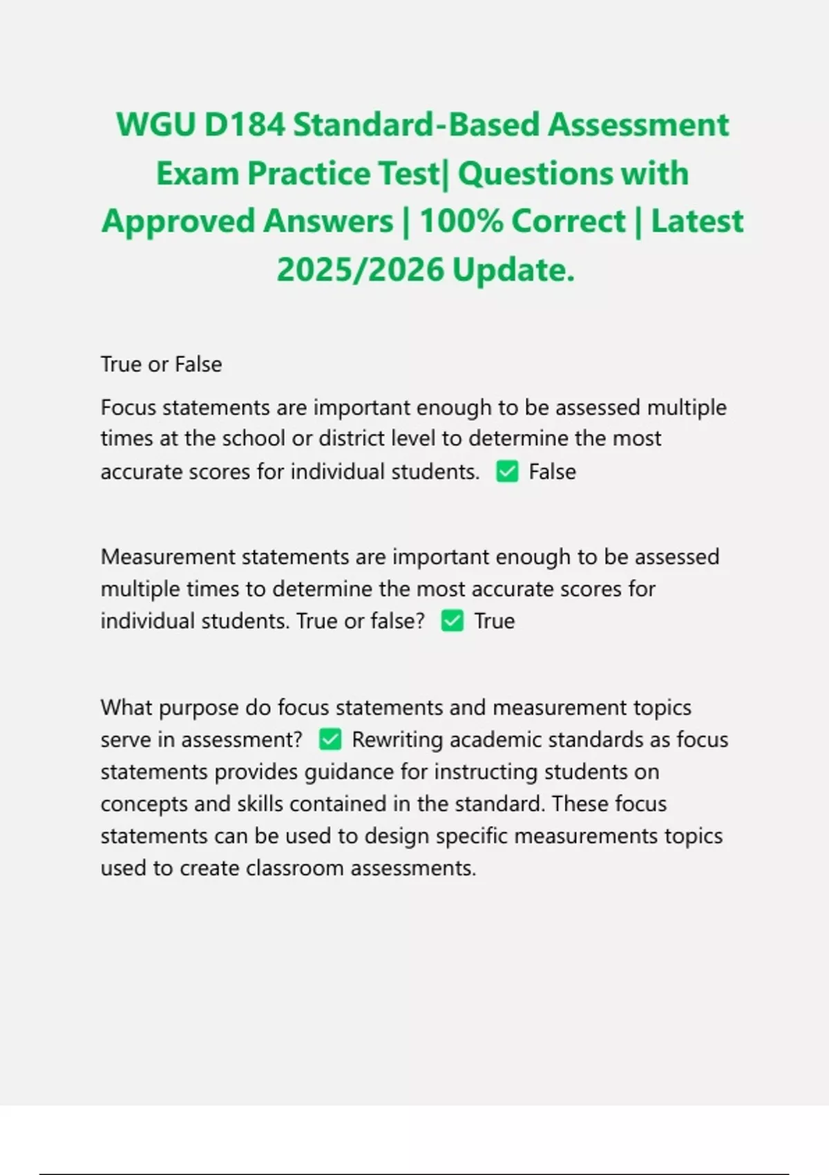 WGU D184 Standard-Based Assessment Exam Practice Test| Questions with ...