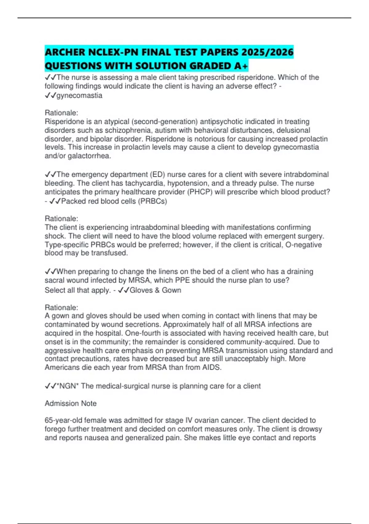 ARCHER NCLEX-PN FINAL TEST PAPERS 2025/2026 QUESTIONS WITH SOLUTION ...