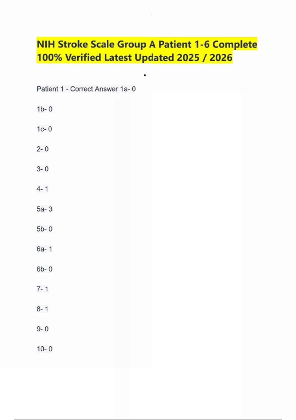 NIH Stroke Scale Group A Patient 1-6 Complete 100% Verified Latest ...