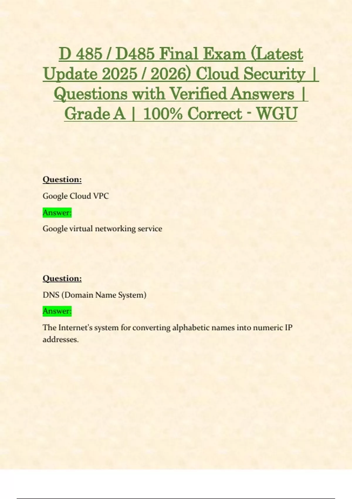 D 485 / D485 Final Exam (Latest Update 2025 / 2026) Cloud Security ...