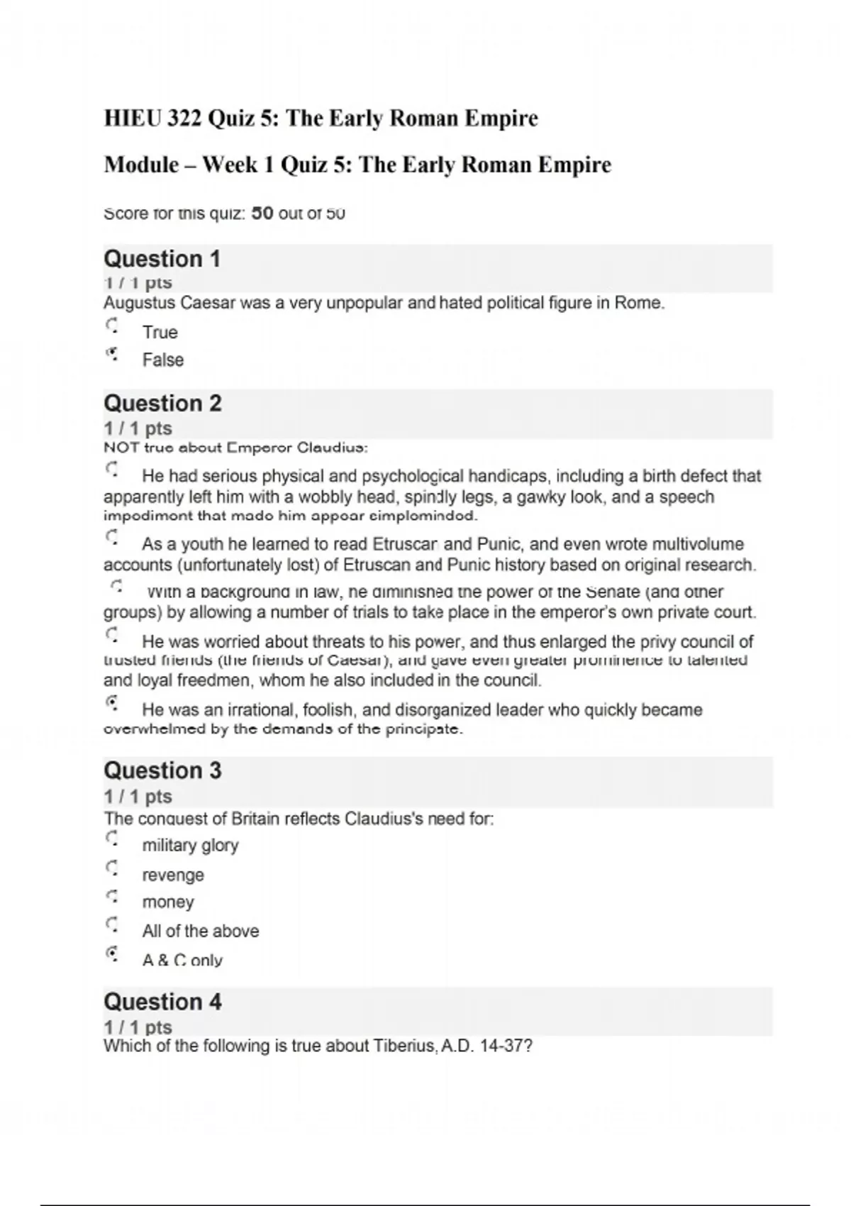 HIEU 322 Quiz 5: The Early Roman Empire - Module – Week 1 Quiz 5: The ...