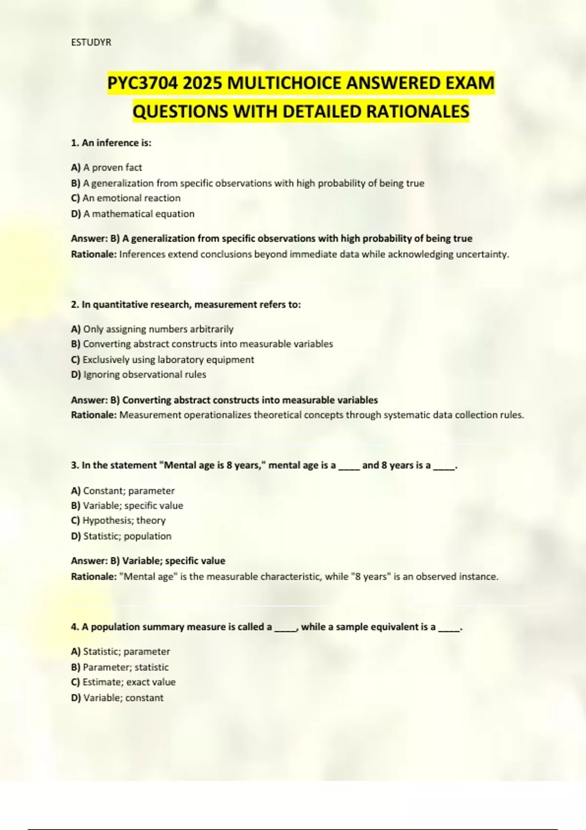 PYC MULTICHOICE ANSWERED EXAM QUESTIONS WITH DETAILED RATIONALES ...